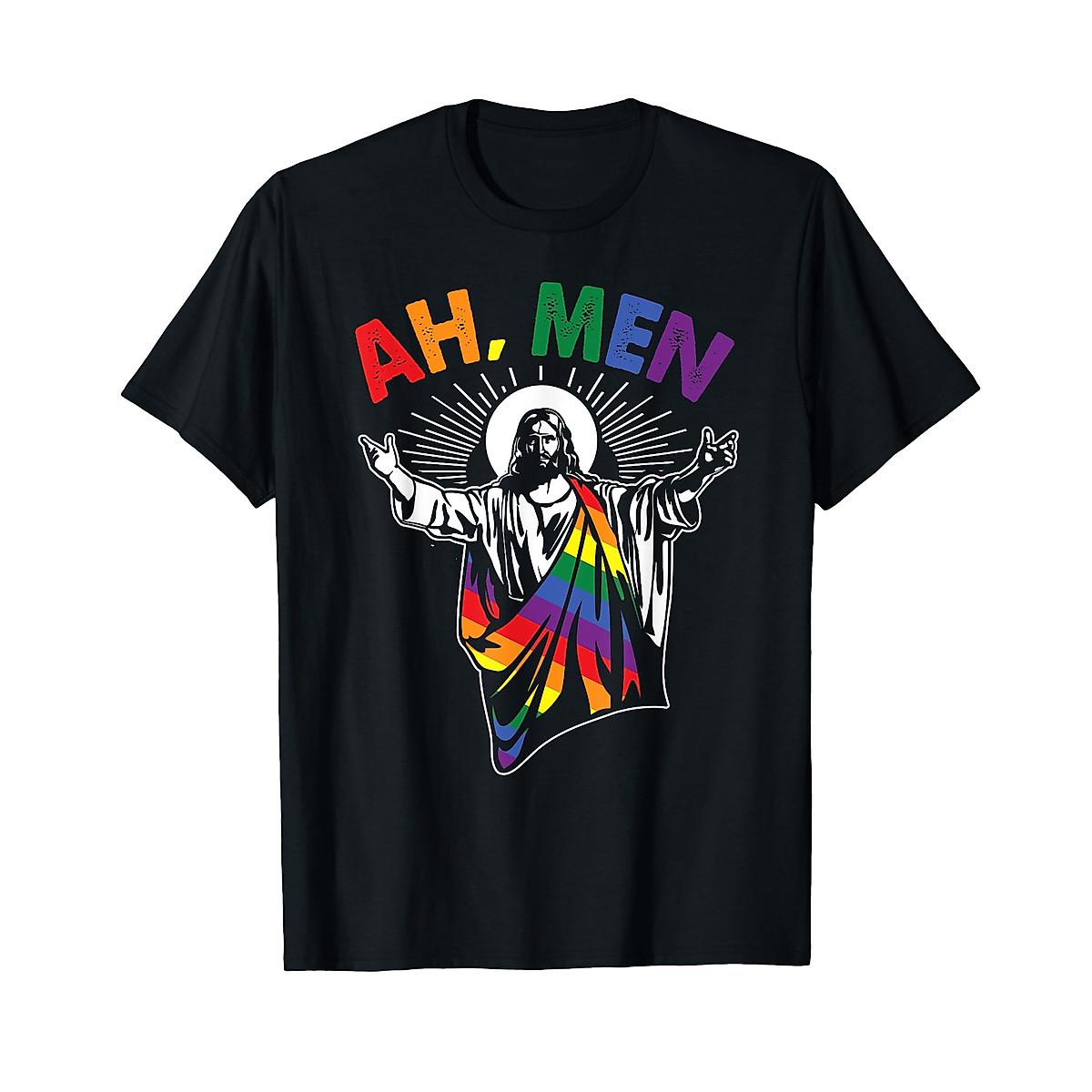 Ah Men Funny LGBT Gay Pride Jesus Rainbow Flag Christian Short Sleeve T-Shirt