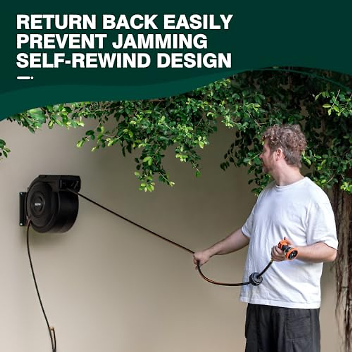 Nichro Retractable Garden Hose Reel Wall Mount, 1/2"×100 ft Automatic Garden Hose Reel with Cover and 10 Pattern Hose Nozzle, Auto Rewind/Any Length Lock/180° Swivel Bracket for Garden Watering