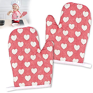 DOERDO 2 Pack Kid Oven Mitts for Children Heat Resistant Kitchen Mitts, Great for Cooking Baking, Age 4-12 (7"x4.7", Sweet Heart)