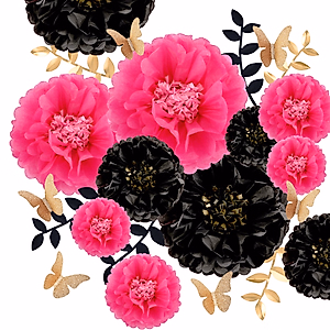 Fonder Mols Tissue Paper Flowers Pom Poms Blooms(Black & Hot Pink, 12pcs) for Bridal Shower Bachelorette Birthday Party Nursery Wall Decorations, Hot Pink and Black Party Decorations