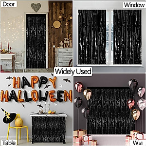 Black Foil Fringe Backdrop Curtains, 2 Pack of 3.28 ft x 8.28 ft Metallic Tinsel Foil Fringe Streamer Photo Booth Props Backdrop for New Year Halloween Birthday Wedding Party Decorations