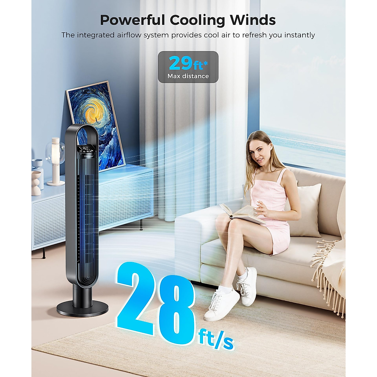 Azonanor Tower Fan for Bedroom, 90° Oscillating Standing Bladeless Fan with Remote, 12H Timer, 3 Speeds Max 28ft/s, 3 Modes, LED Display Floor Fans Works with Tuya/Smart Lift