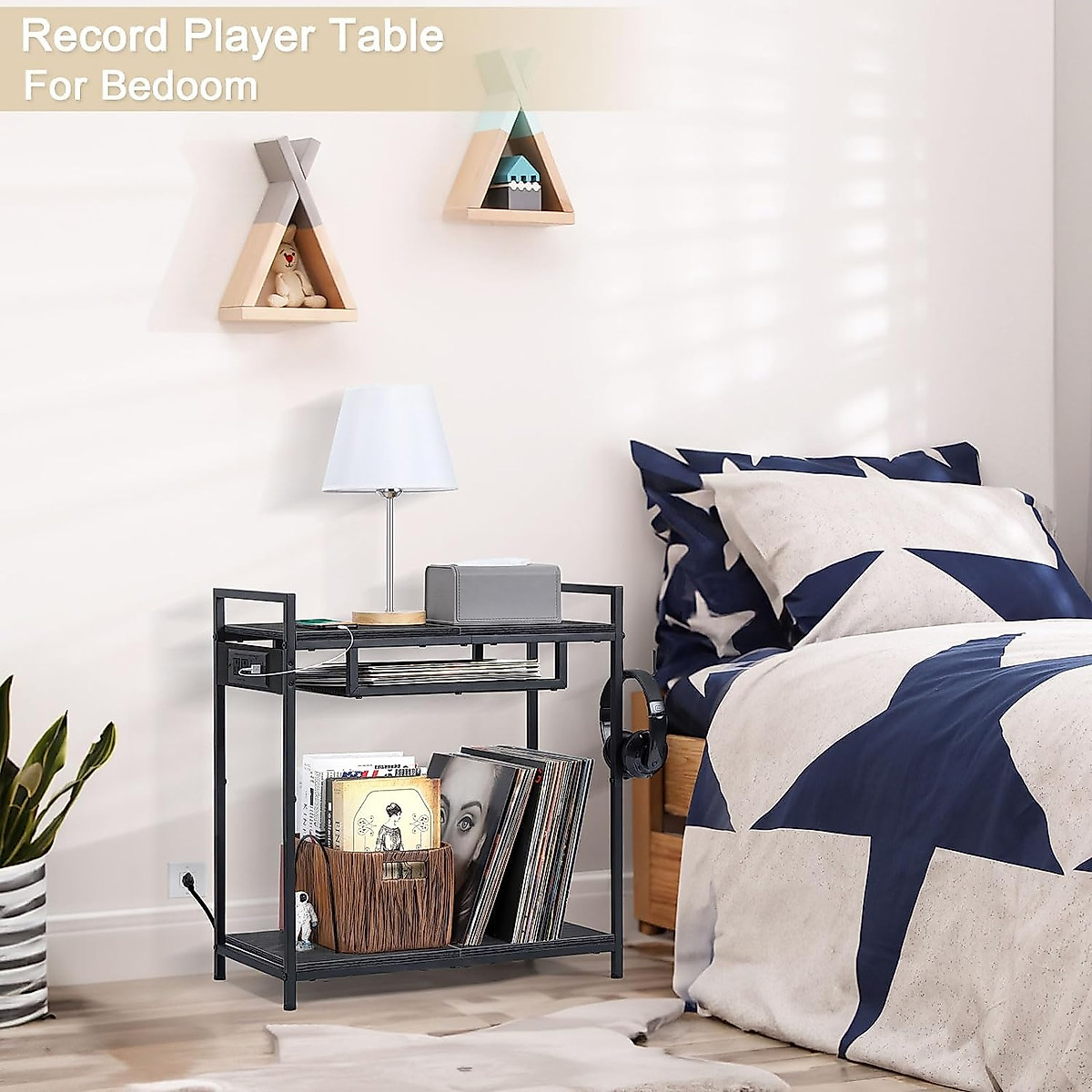 SEHERTIWY Record Player Stand with Vinyl Storage, Black Turntable Stand with Charging Station, Record Player Holder with Detachable Wheels