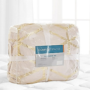 Comfort Spaces Vivian Comforter Set Ultra Soft All Season Lightweight Modern Geometric Glam Metallic Print Bedding, Matching Sham, Decorative Pillow, Full/Queen, Geometric Blush/Gold
