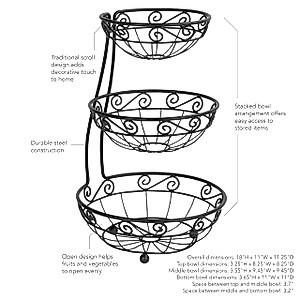 Spectrum Diversified Scroll Arched Server Stacked, 3-Tier Fruit Bowls Counters, Traditional Kitchen Décor & Fruit Basket Stand, Black
