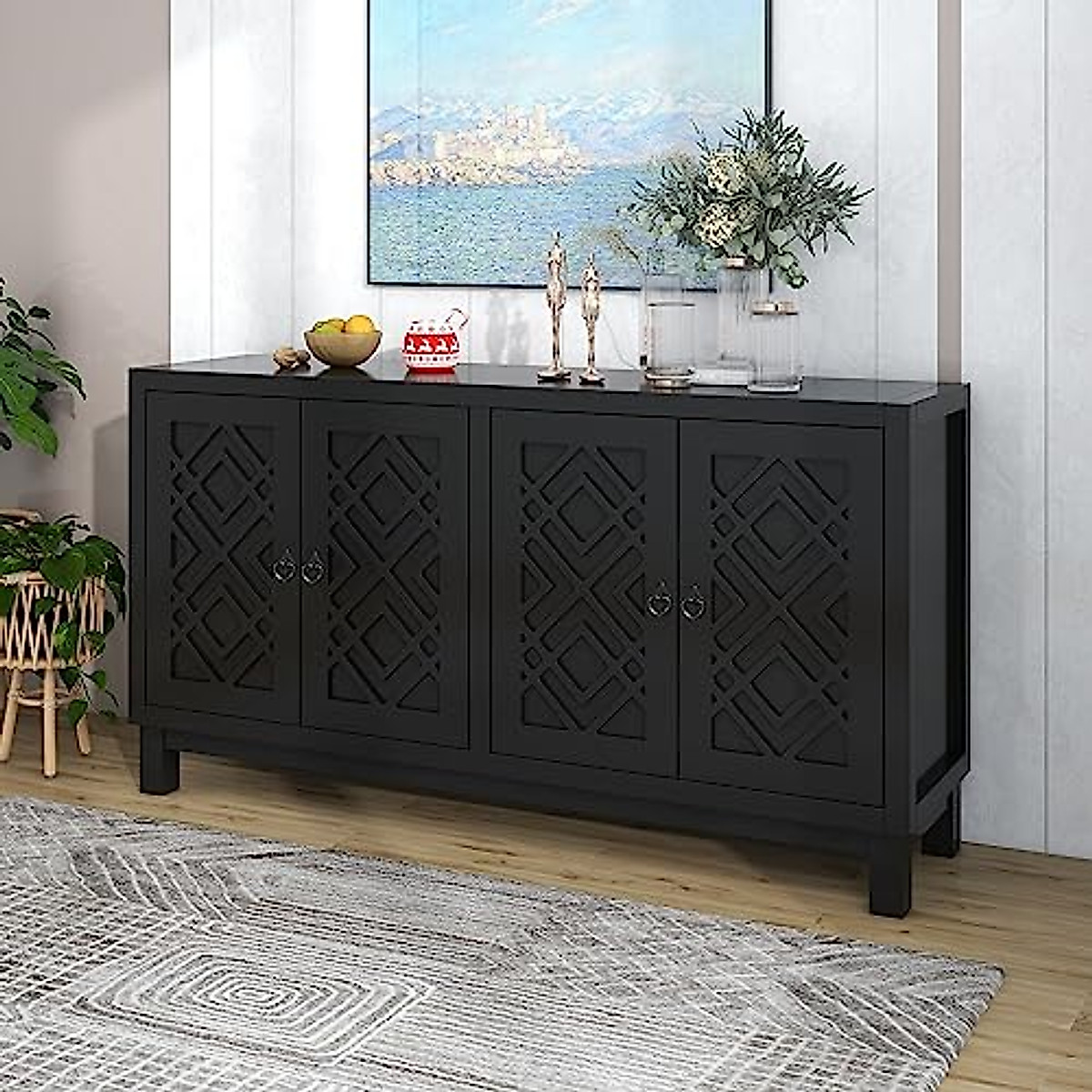 Wood Storage Cabinet, Large Storage Space Sideboard, 4 Door Buffet Cabinet with Pull Ring Handles for Living Room, Dining Room, Easy Assembly (Black)