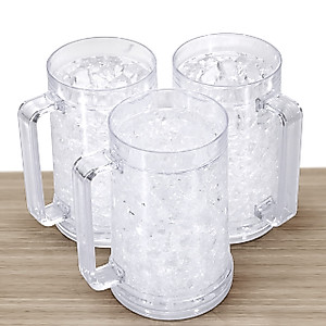 Patiomos Drinking Glasses Cups, Double Wall Gel Freezer Beer Mugs, Freezer Ice Mugs Cups, 16oz, Plastic Cooling Beer Mug Clear Set of 3 (Clear)