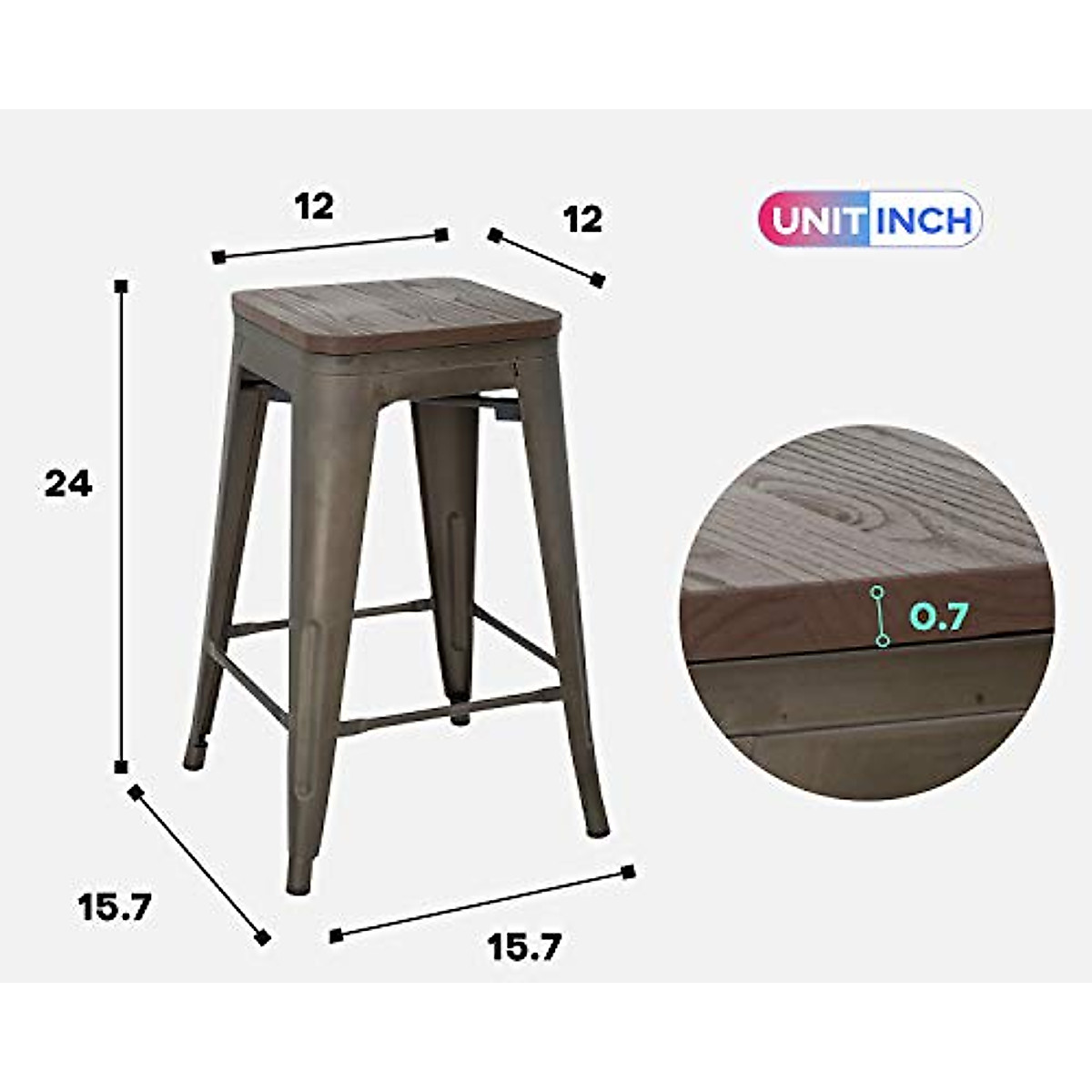 FDW 24 Inches Metal Bar Stools Set of 4 Counter Height Wood Seat Barstool Patio Stool Stackable Backless Stool Indoor Outdoor Metal Kitchen Stools Bar Chairs (Bronze)