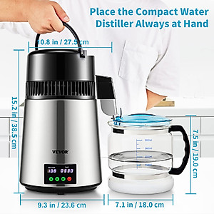 VEVOR Water Distiller 4 L Distilled Water Maker 1.1 Gal Pure Water Distiller with Dual Temperature Display 750W Distilled Water Machine Water Distillers for Home Countertop with Glass Container Gray