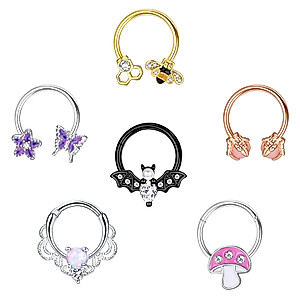 Drperfect 6PCS Septum Jewelry 316L Stainless Steel Septum Rings Horseshoe Daith Earring Hoop 16G Nose Ring Hoop Cute Butterfly Bee Cartilage Tragus Rook Helix Septum Piercing Jewelry for Women