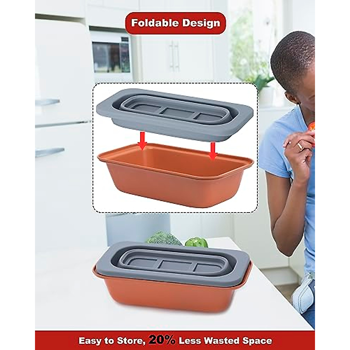 Hitseon Meatloaf Pan with Drain Tray, 2 in 1 Foldable Loaf Pans for Baking Bread, Dishwasher Safe Metallic Nonstick Coating Bread Pan with Silicone Rack for Oven Cooking (Gray)