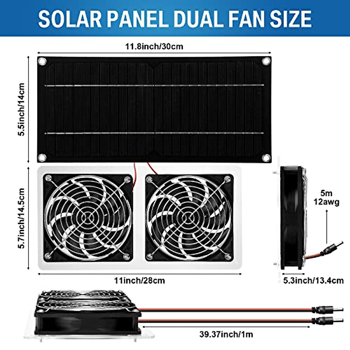 Solar Panel Fan Kit 10W 12V Solar Powered Dual Fan Waterproof Solar Exhaust Fan Outdoor Portable Solar Ventilation Fan Solar Attic Fan with Cable for Chicken Coop Greenhouse Shed Pet Houses Window