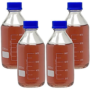 1000ml Glass Round Media Storage Bottles with GL45 Screw Cap, Borosilicate Glass, Heavy Duty, Karter Scirentific 251N9 (Pack of 4)