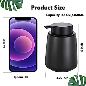 12Oz Black Foaming Soap Dispenser - Ceramic Foam Hand Soap Dispenser Set with Easy-to-Press Pump, Refillable Liquid Dish Soap Dispenser for Bathroom and Kitchen, 2 Pack