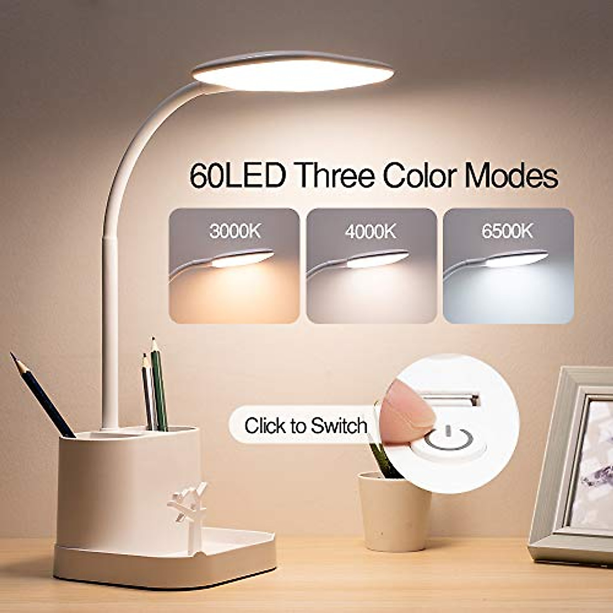 Desk Lamps for Home Office, 3 Light Colors Dimmable Desk Light Led Desk Lamp with Charger, Battery Operated Desk Lamp for Desk, Study Lamp with Pen & Phone Holder,White Led Desk Lamps for Home Office