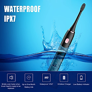 BTFO Electric Toothbrush with 5 Modes, 2pcs Replacement Brush Heads USB Rechargeable Smart Electronic Toothbrush with Holder for Adults IPX7 Waterproof Timing Fast Charging (Black, 1741-01)
