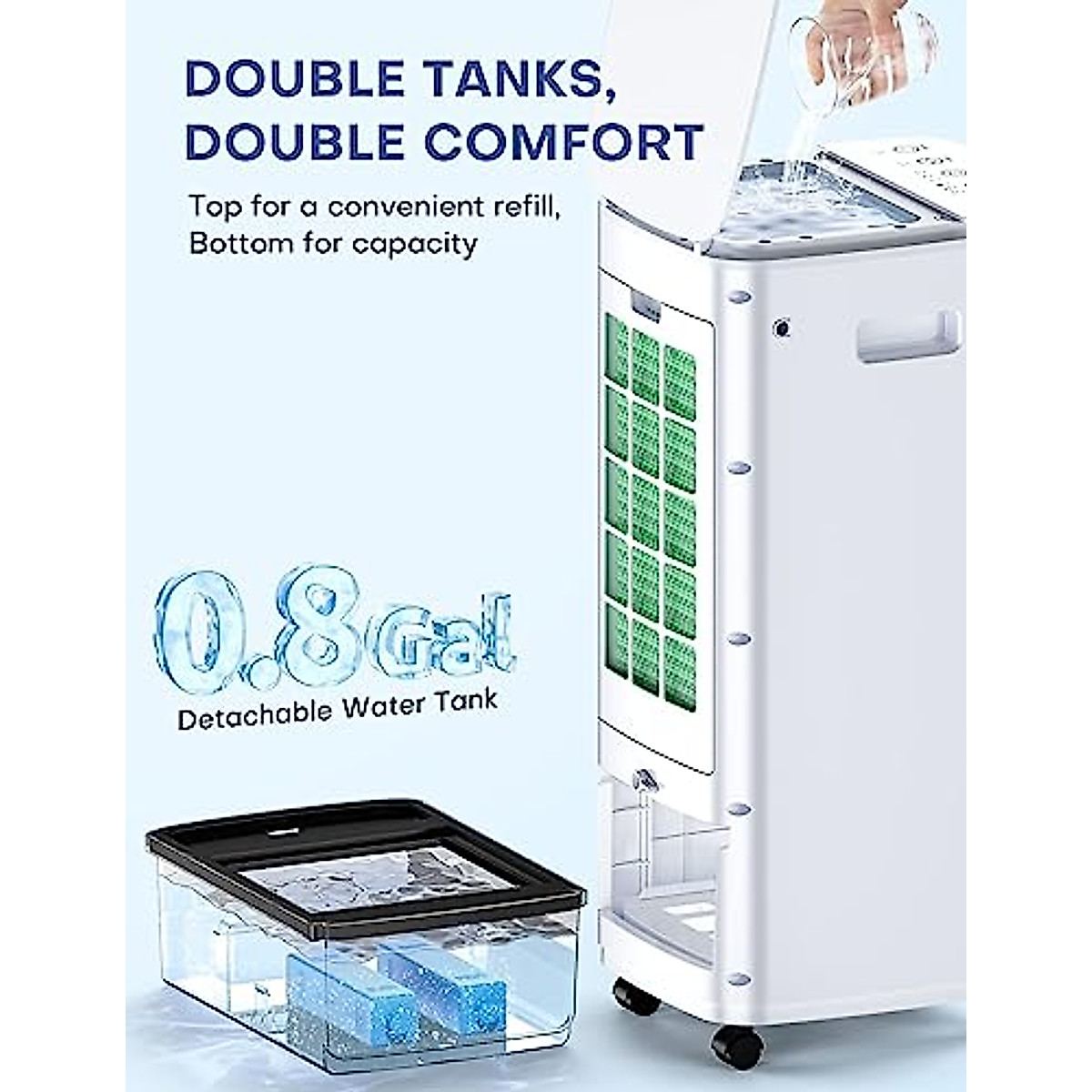 Evaporative Air Cooler, BALKO 3-IN-1 Windowless Swamp Cooler w/ 0.8 Gal Detachable Water Tank, 7H Timer & Remote, 4 Ice Pack, 70° Oscillation, Ductless Air Conditioner Portable for Room Indoor Office