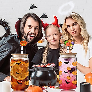 Halloween Pumpkins & Bats Glass Cup with Fall Silicone Straw Covers, Cute Halloween Gifts for Her – 16 oz Iced Coffee Tumbler with Lid & Straw, Spooky Boo Basket Stuffers Items for Women