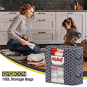 QYQBOON Large Clothes Storage Bags 100L Storage Bins Organizer Clothing Thicken Storage Containers for Comforter Blanket Bedding, Foldable with Reinforced Handle, Clear Window, Sturdy Zippers, 3 Pack