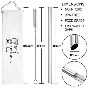 [Angled Tips] 2 Pcs Jumbo Reusable Boba Straws & Smoothie Straws, 0.5" Wide Stainless Steel Straws, Metal Straws for Bubble Tea/Tapioca Pearl, Milkshakes,Smoothies | 1 Cleaning Brush & 1 Case
