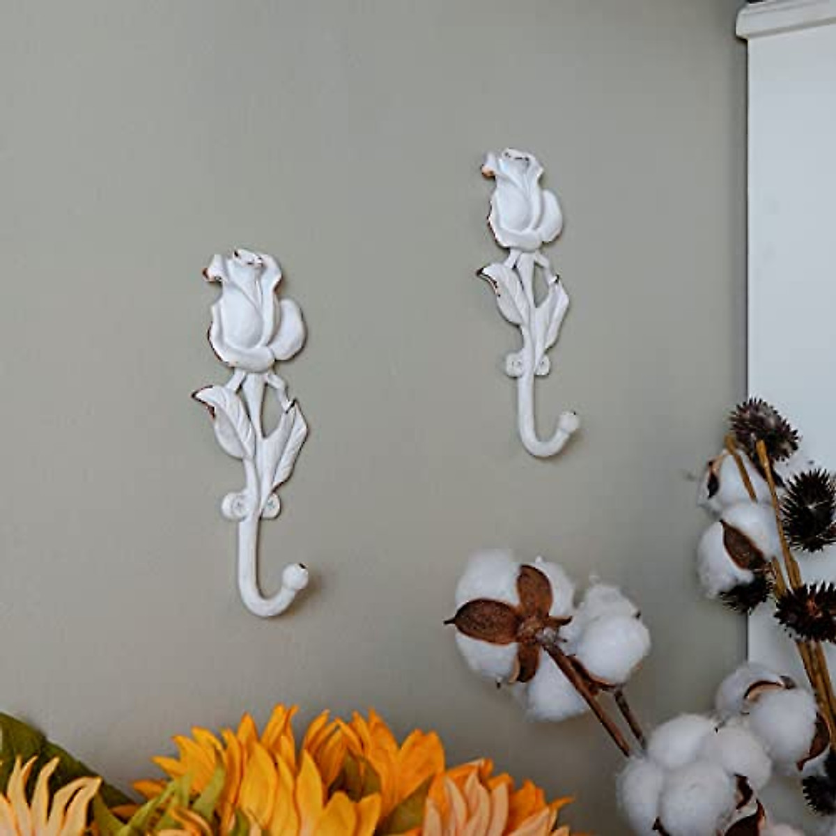 SOFFEE DESIGN 2pcs White Single Hooks 3D Rose Flower Retro Ornate Style for Room Wall Decoration, Coat Hat Scarf Hanging Hanger Entry Heavy Hooks Home Decor