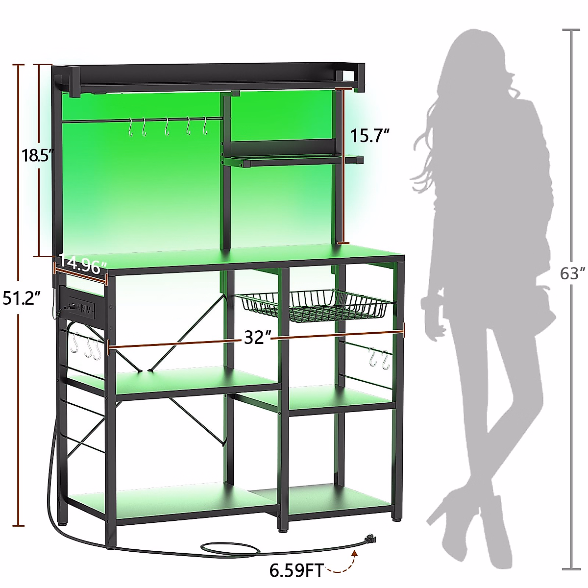 Aheaplus Bakers Rack with Power Outlet and LED Light Strings, Microwave Oven Stand Kitchen Storage Shelf with Wire Basket, Coffee Bar Station Island Table with 10 Hooks for Spices, Pots, Pans, Black