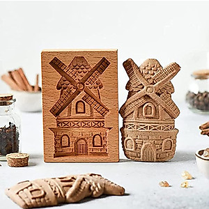 Carved Wooden Cookie Mold Kitchen Cookie Cutter Gingerbread Cookie Stamp Biscuit Press Stamp Molds Pine Cones Provence Rose Cookie Cutter for Cookie Stamp (Windmills)