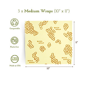Bee's Wrap - Medium 3 Pack - Made in The USA with Certified Organic Cotton - Plastic and Silicone Free - Reusable Eco-Friendly Beeswax Food Wraps - Medium (10" x 11")