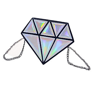 WILDFINDING Laser Diamond Shape Evening Shoulder Bag PU Leather Chain bag for Girls, Silver, 18cm