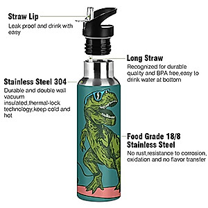 Funny Dinosaur Skateboard Kids Water Bottle Thermos with Straw School Vacuum Insulated Stainless Steel Thermos Bottle Cup Leakproof Sport Travel Cup Mug Handle for Girls Women Biking 20 OZ