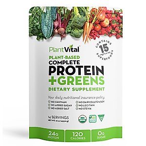 Plantvital Unflavored Organic Vegan Protein Powder - 15 Superfoods, Veggies and Probiotics - Organic Plant-Based Protein Powder - All BCAA’s, Gluten Free - 16oz -1 Pouch