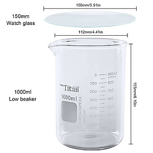 ADAMAS-BETA 1000ml Low Form Glass Beaker with 150mm Watch Glass Beaker Cover for Laboratory,Teaching,Science