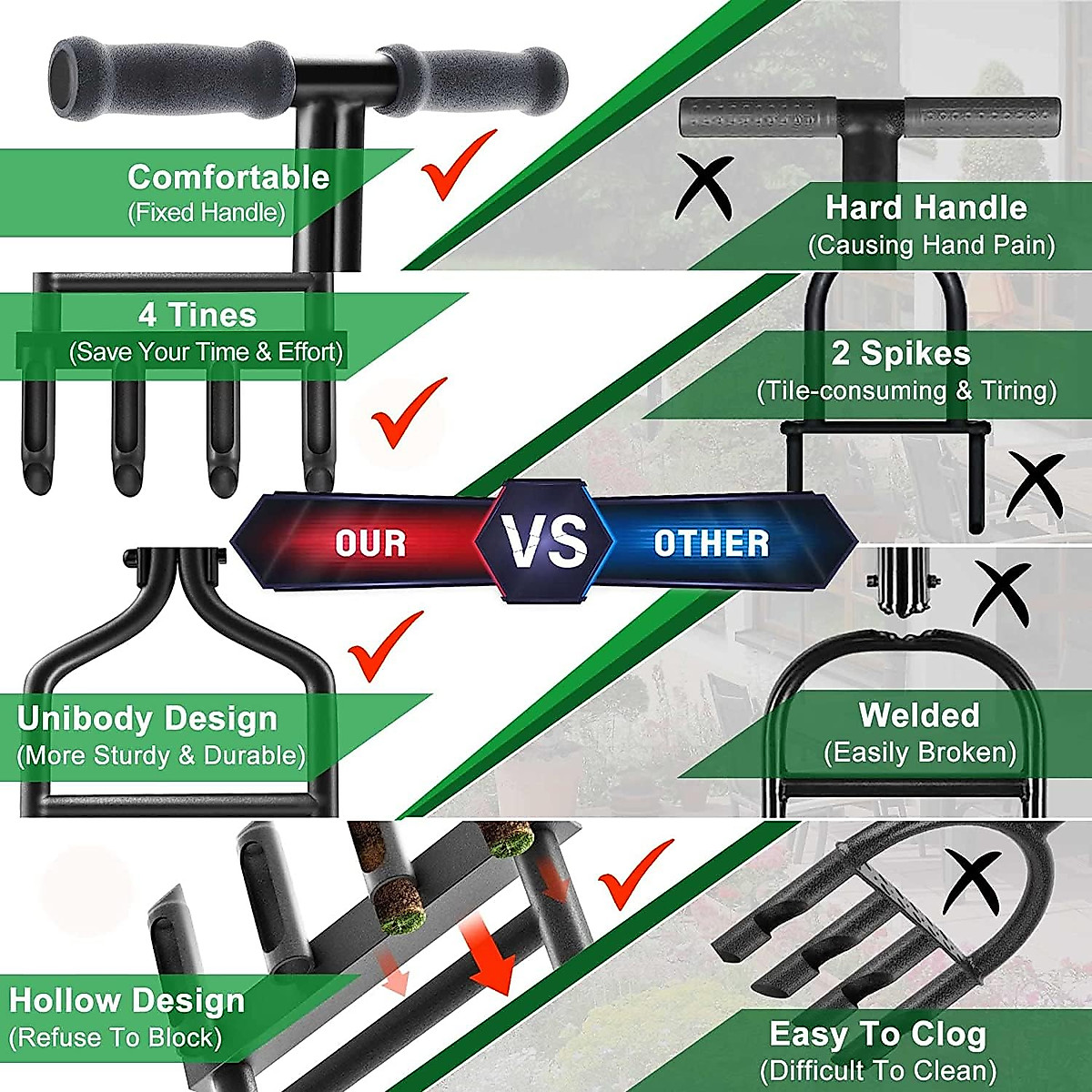 EEIEER Lawn Aerator Coring Tool, Manual Plug Core Aerators with Clean Tool, Upgarded Yard Aeration Tools with 4 Hollow Slots for Compacted Soils & Lawns Garden Care-37.6''