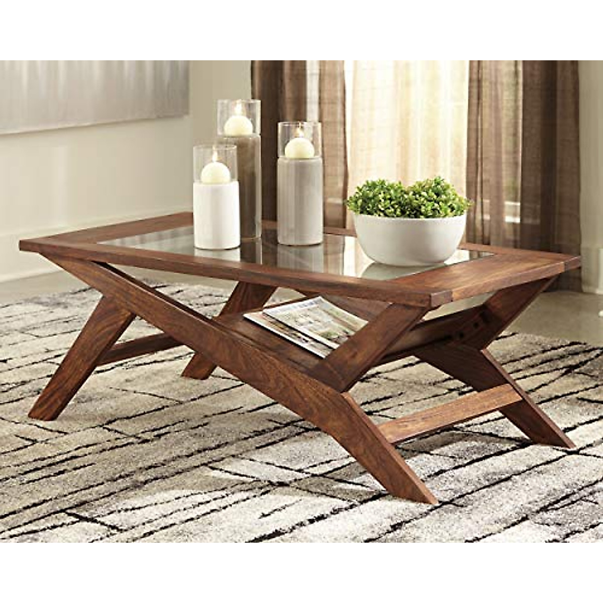 Signature Design by Ashley Charzine Contemporary Rectangular Coffee Table with Clear Tempered Glass Top, Brown