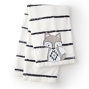 Levtex Baby - Bailey Plush Blanket - Appliqued and Embroidered Fox on Striped Plush - Charcoal, Taupe, White - Nursery Accessories - Blanket Size: 30 x 40 in.