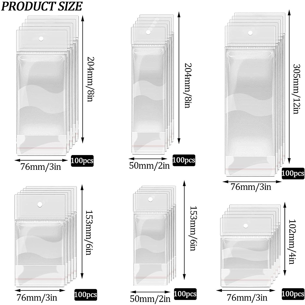 600 Pieces Self-Sealing Bag with Hang Hole 6 Sizes Clear Hanging Bags Resealable Cellophane Bags Clear Adhesive Plastic Bags for Packaging Jewelry Necklaces