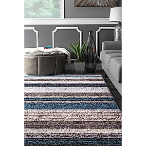 nuLOOM Drey Striped Shag Area Rug - 3x5 Accent Shag Rug Casual Blue Multi/Brown Rugs for Living Room Bedroom Dining Room Nursery Entryway