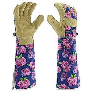 Miracle Gro MG23247/WSM Split Cowhide Garden Gloves – Floral, Medium-Large, Women’s Rose Pruning Gloves with Extended Foam Cuffs