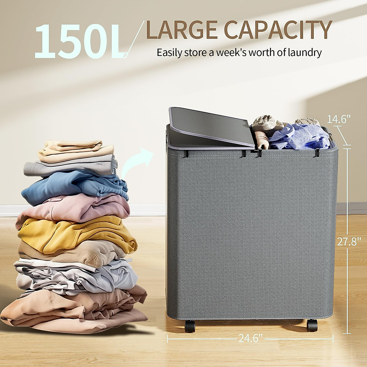 Yecaye 150L Laundry Hamper with Wheels, Rolling Laundry Basket with Lid and 2 Removable Laundry Bag, Large Capacity Clothes Hampers for Laundry, Bedroom, Bathroom, Dorm, Laundry Room, Grey