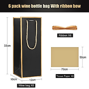 ZJHiome 6 Pack Wine Gift Bags with Tissue Paper Wine Bottle Paper Bags with Bow Ribbon for Wedding Birthday Christmas Retirement Party Supplies (Black)