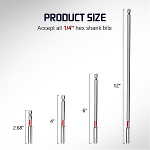 ColumPRO 4PCS Magnetic Drill Bit Extension, Impact Bit Holders,1/4" Hex Shank S2 Steel Magnetic Screwdriver Extension,Drill Bit Extender,2.6,4,6,12-inch Extensions