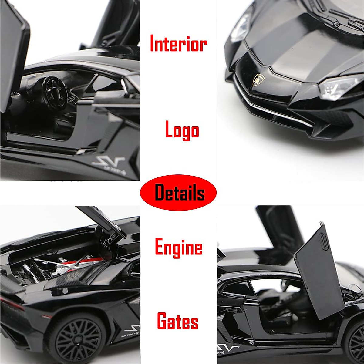 iLooboo Alloy Collectible Black Lambo Toy Car Model Pull Back Die-Cast Vehicle with Lights and Sound