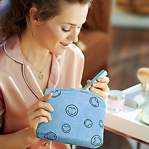 3 Pcs Smile Face Makeup Bag Corduroy Cosmetic Bag 3 Sizes Aesthetic Preppy Makeup Bags for Women Teen Girls Corduroy Toiletry Pouch Travel Smile Dots Bags Washable Skincare Bag (Light Blue Grey)