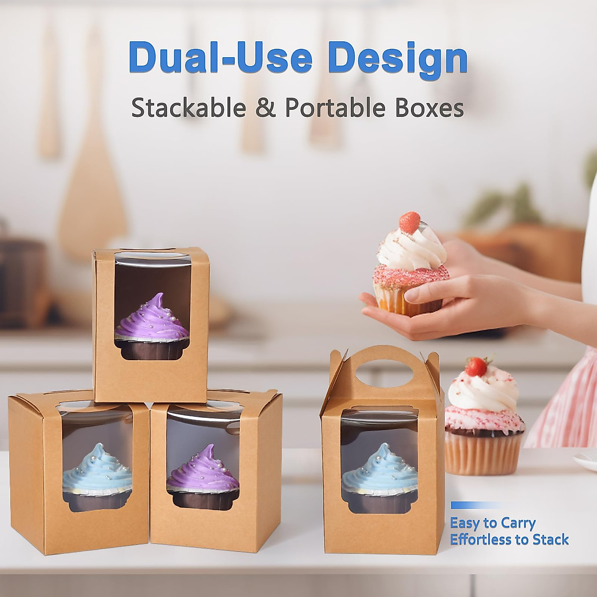 Shallive Cupcake Boxes 50pcs, Individual Cupcake Containers Brown with Window Insert and Handle, Pastry Box Single Muffins Holder Disposable for Bakery Wrapping Party Favor Packaging