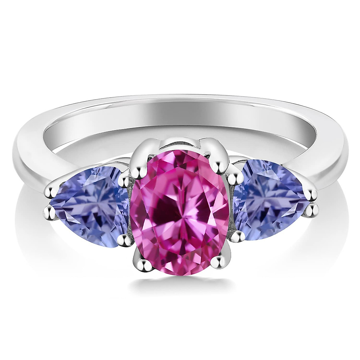 Gem Stone King 925 Sterling Silver Oval Pink Created Sapphire and Blue Tanzanite Ring For Women (2.45 Cttw, Available In Size 5, 6, 7, 8, 9)