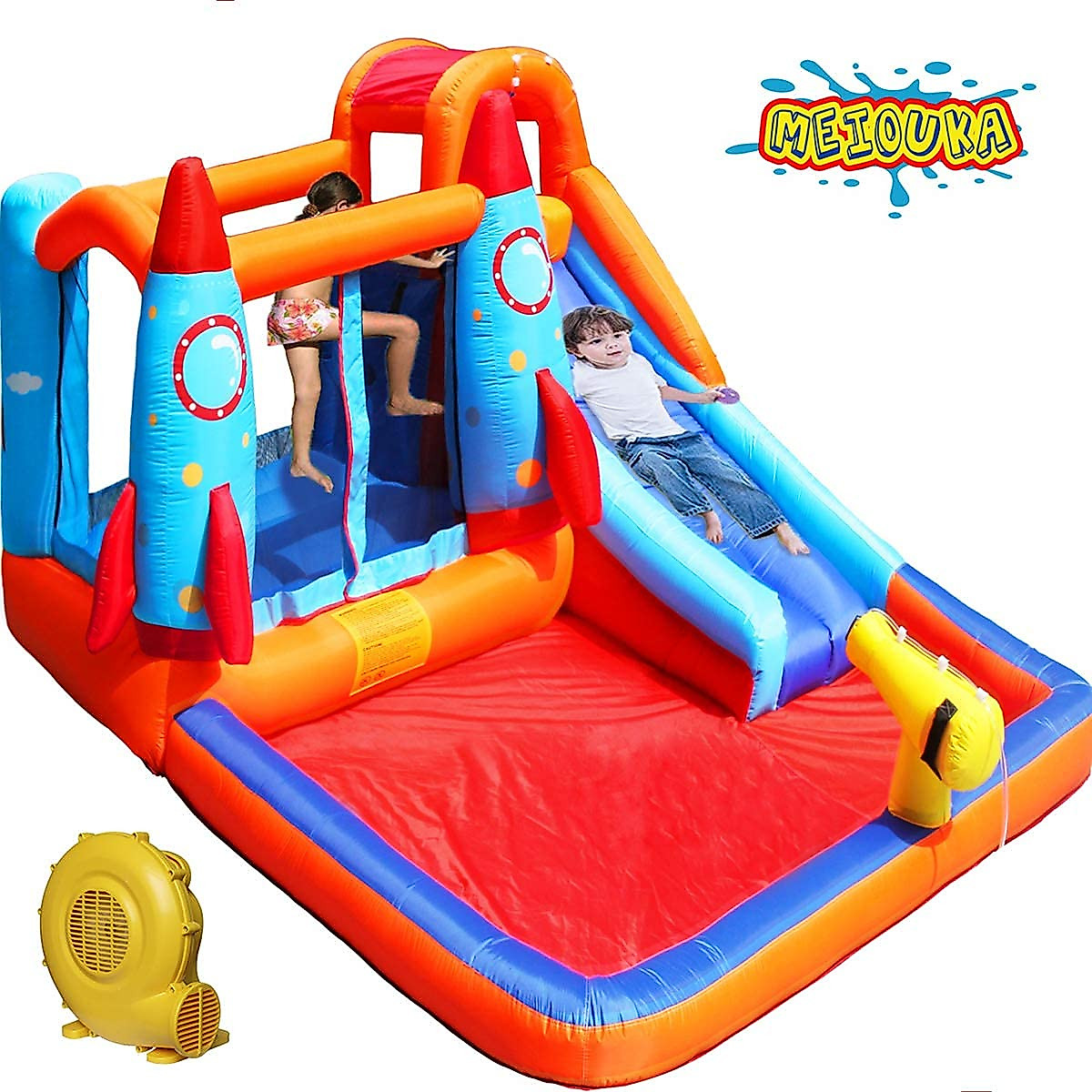 MEIOUKA Kids Inflatable Bounce House with Blower Water Slides Pool Splash Water Gun Jumping Bouncing Rocket Kid Inflatable Water Slide Bounce Houses Castle for Kids Toddlers Outdoor Jump Bouncy Houses