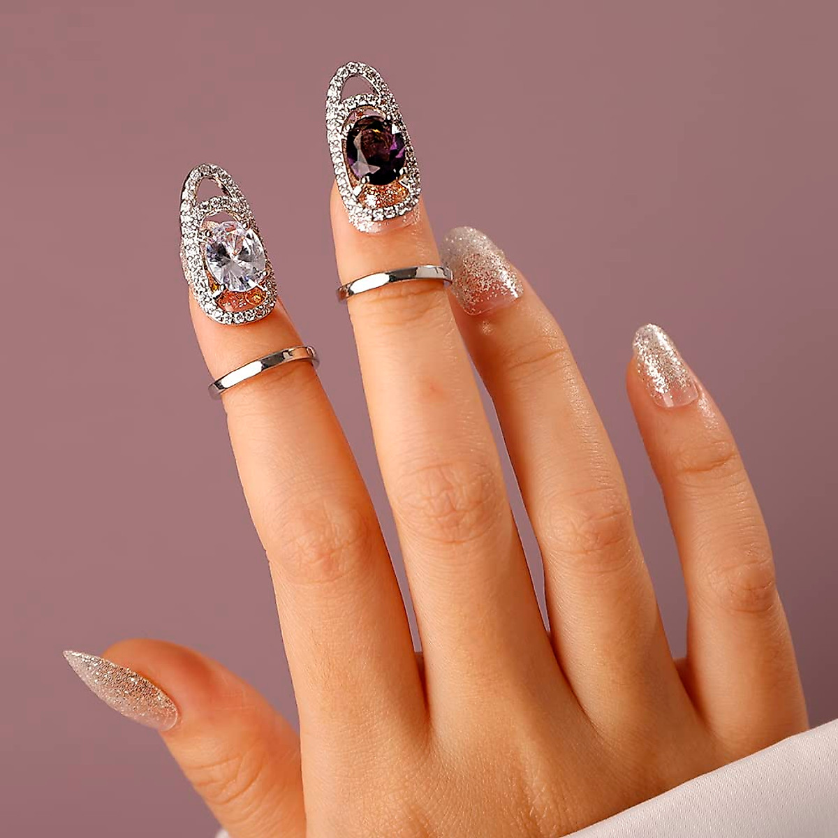 Rumtock Purple Crystal Fingertip Manicure Ring Adjustable Statement Rings for Women Girls