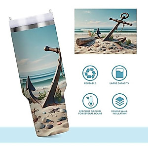 Burbuja Nautical Anchor Beach 40oz Insulated Tumblers with Handle and Straw Lid, Double Wall Stainless Steel Travel Mug Leak-Proof, BPA Free, Gift for Mom Dad