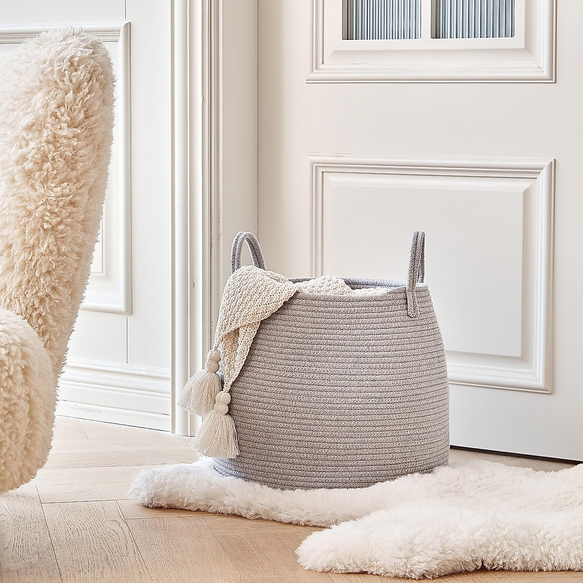 R RUNKA Nursery Laundry Basket | Kids Hamper for Blankets, Pillows,Toys (15"x 13")| Baby Toy Basket | Nursery Storage for Boho Room Decor | Ideal Gift for Baby Showers| Grey