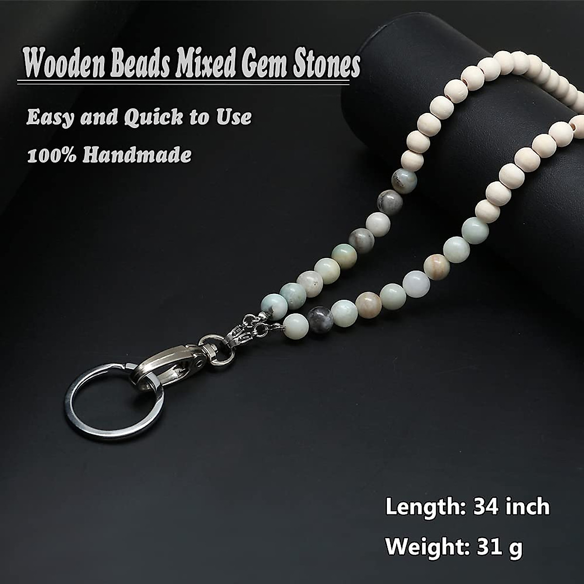 C&L Accessories Lanyards for ID Badges, Beaded Wooden Natural Stone Lanyard for Keys Eyeglass Holder Lanyard for Eyeglasses Chains for Women (Amazonite Stone)